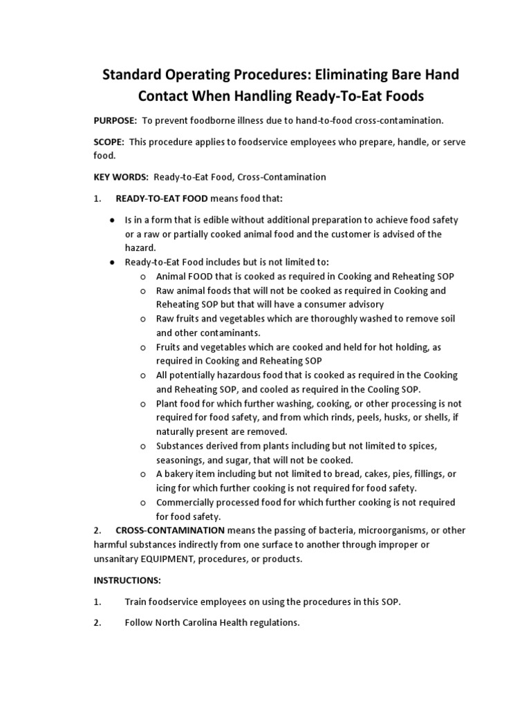 SOP Bare Hand Contact - 2 - 15 - 16 | PDF | Food Safety | Foods