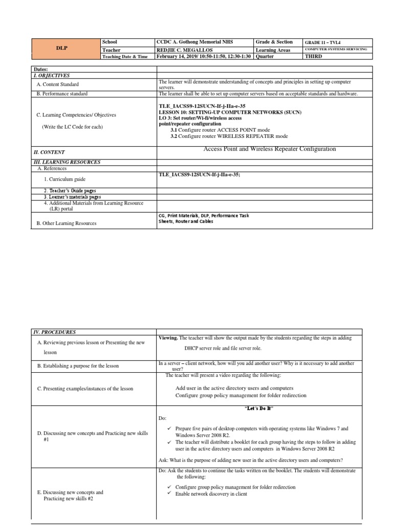 Lesson Plan For Observation - Access Point and Wireless Router ...