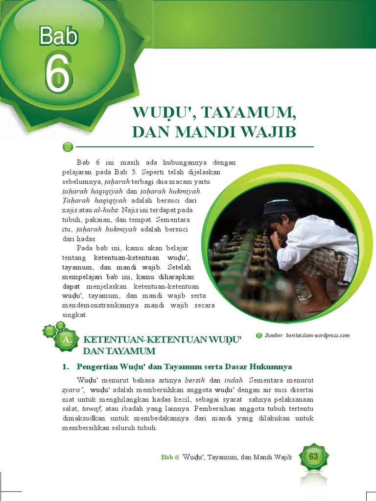 PAI Kelas 7. Bab 6. Wudu', Tayamun, Dan Mandi Wajib | PDF