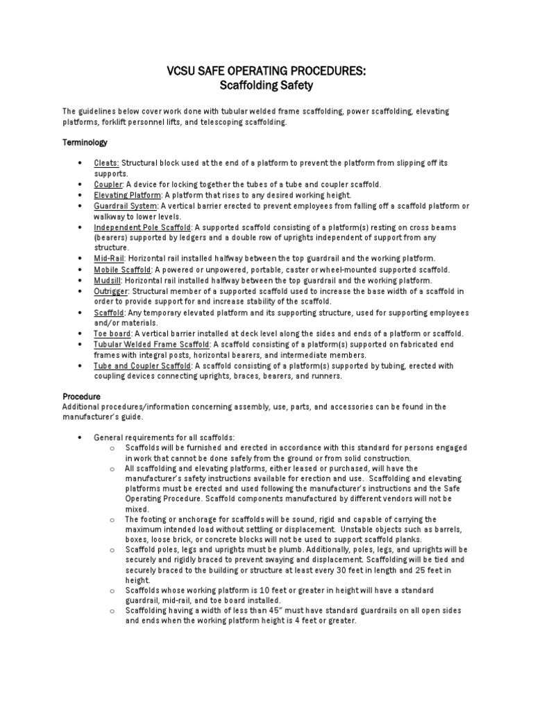 Vcsu Safe Operating Procedures: Scaffolding Safety | PDF | Scaffolding ...