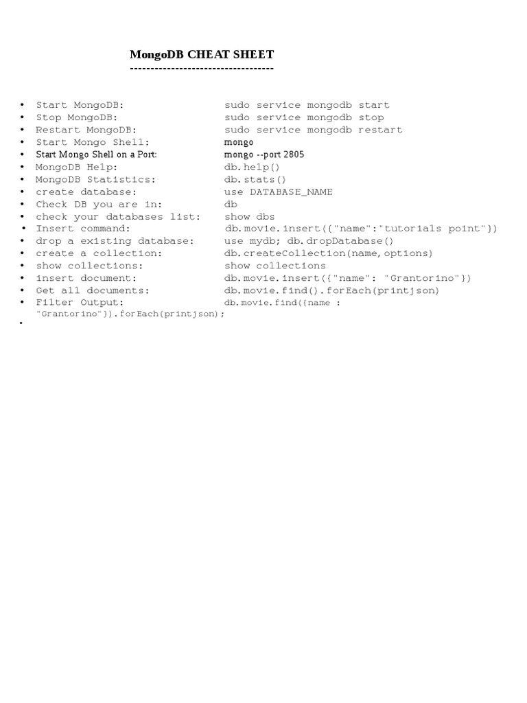 MongoDB Cheat Sheet - Essential Commands | PDF