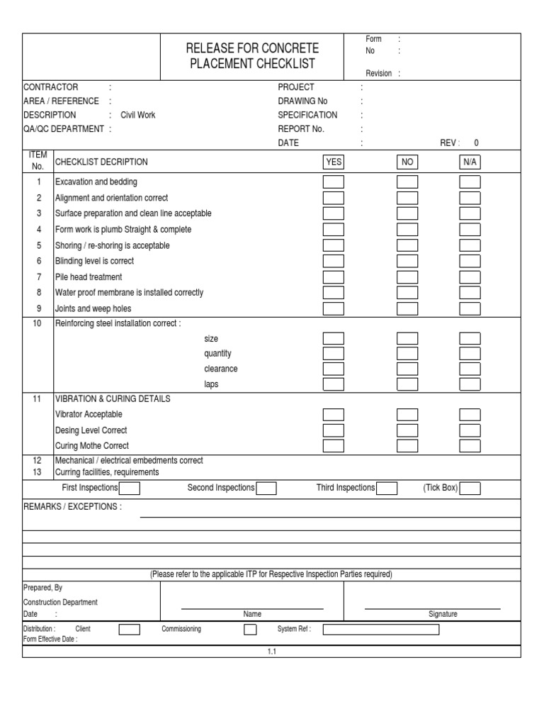 Release For Concrete Placement Checklist | PDF | Pipe (Fluid Conveyance ...