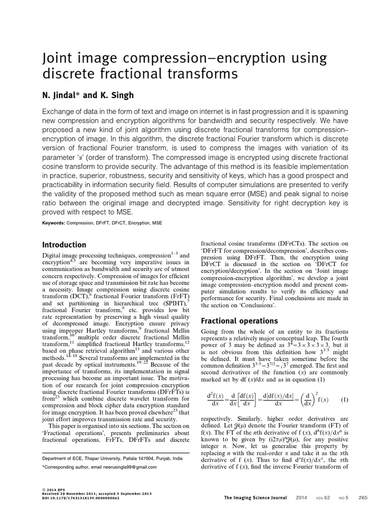 Joint Image Compression-Encryption Using Discrete Fractional Transforms | PDF | Data Compression ...