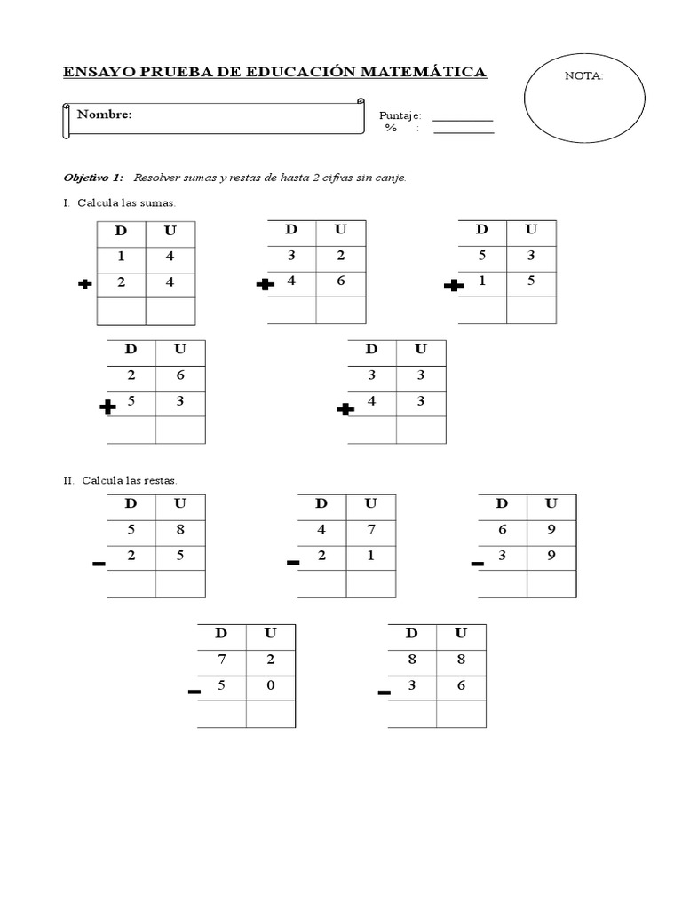 Prueba Matematica, Sumas y Restas | PDF | Enseñanza de matemática