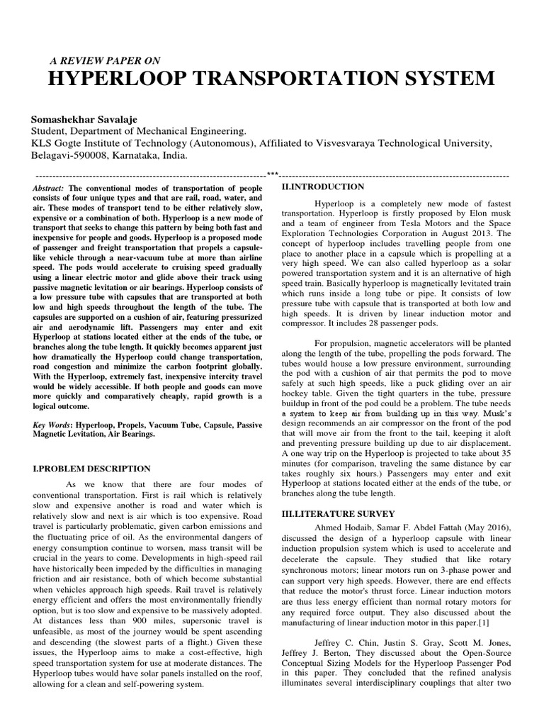 A Review Paper On Hyperloop | PDF | Hyperloop | Transport