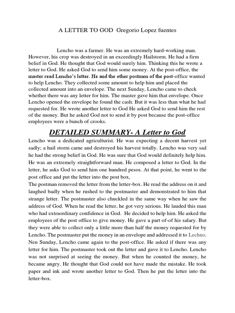 A LETTER TO GOD Gregorio Lopez Fuentes | PDF | Hail | Faith