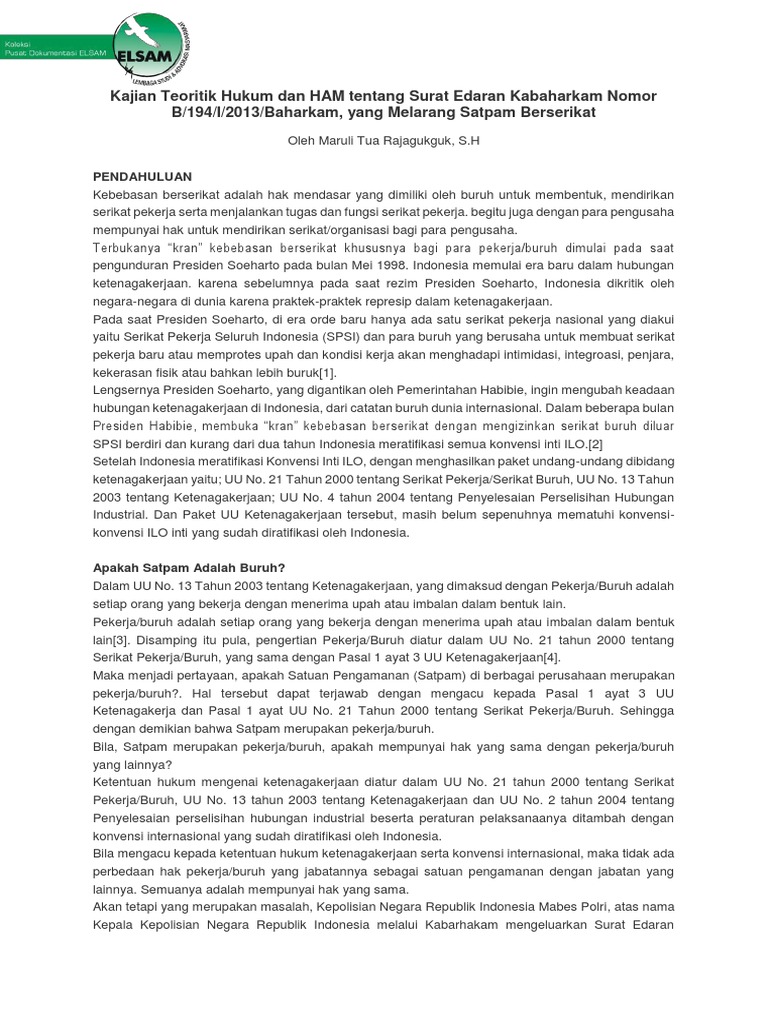 ID Hak Berserikat Satuan Pengamanan Satpam Sebagai Pekerja Dalam Hukum Positif Indo | PDF