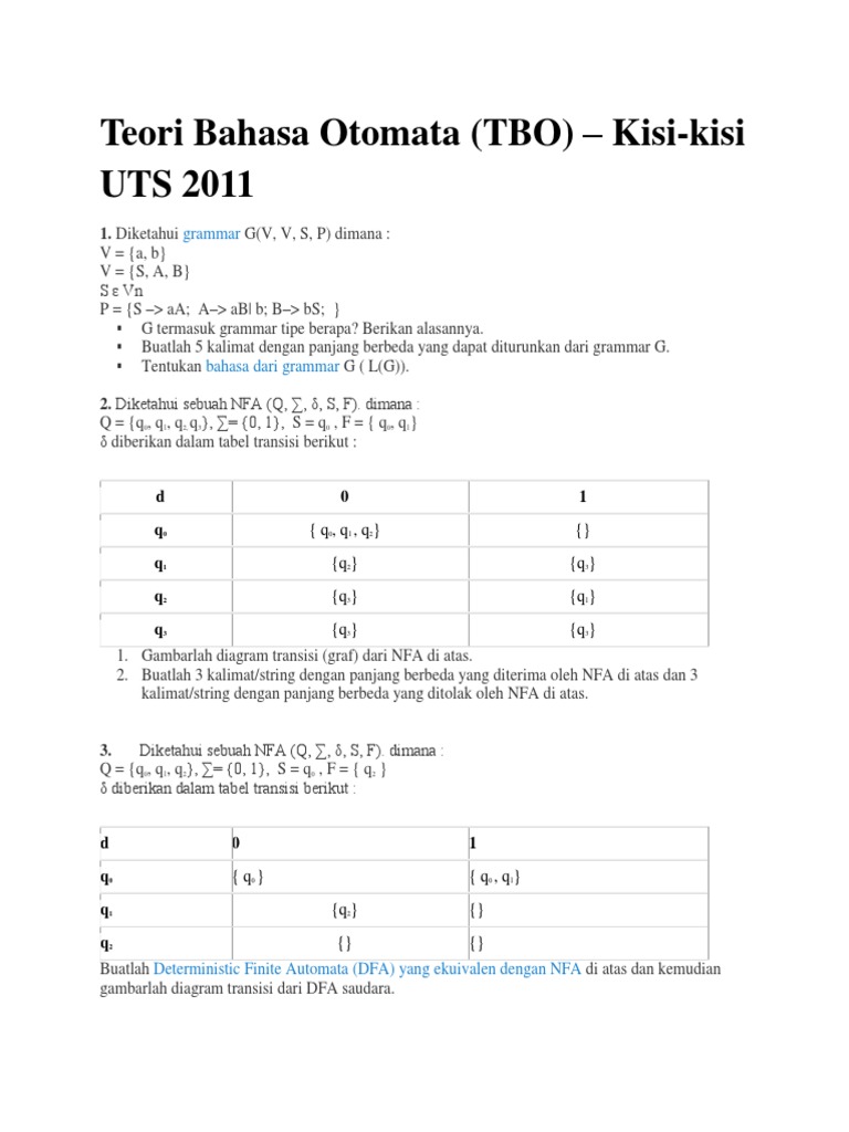 Kisi-kisi UTS Teori Bahasa Otomata | PDF | Metode & Bahan Ajar