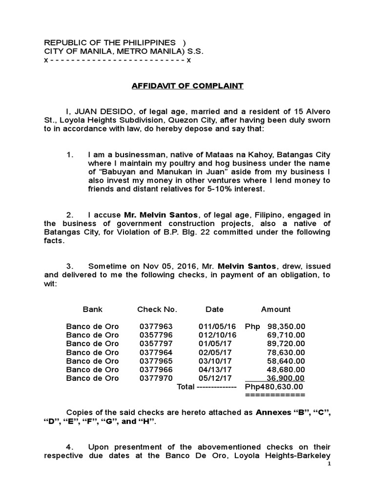 Draft Complaint Affidavit | PDF | Loans | Money