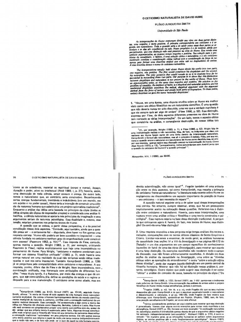 SMITH, Plinio Junqueira - O Ceticismo Naturalista de David Hume | PDF