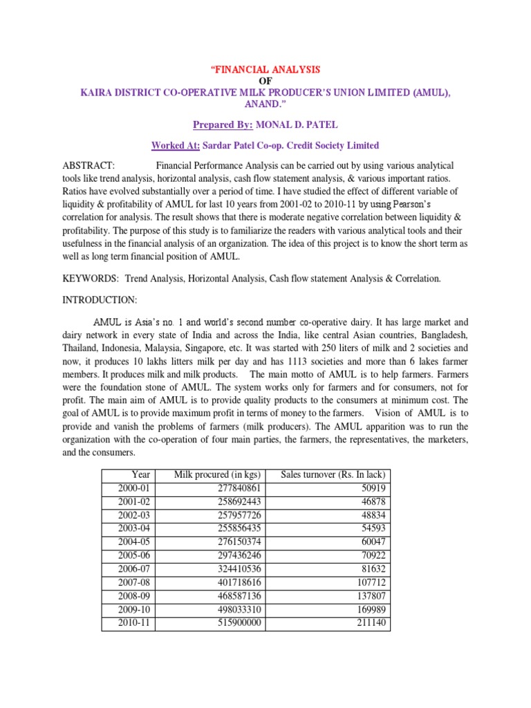 FINANCIAL ANALYSIS of AMUL - 122742796 PDF | PDF | Investing ...