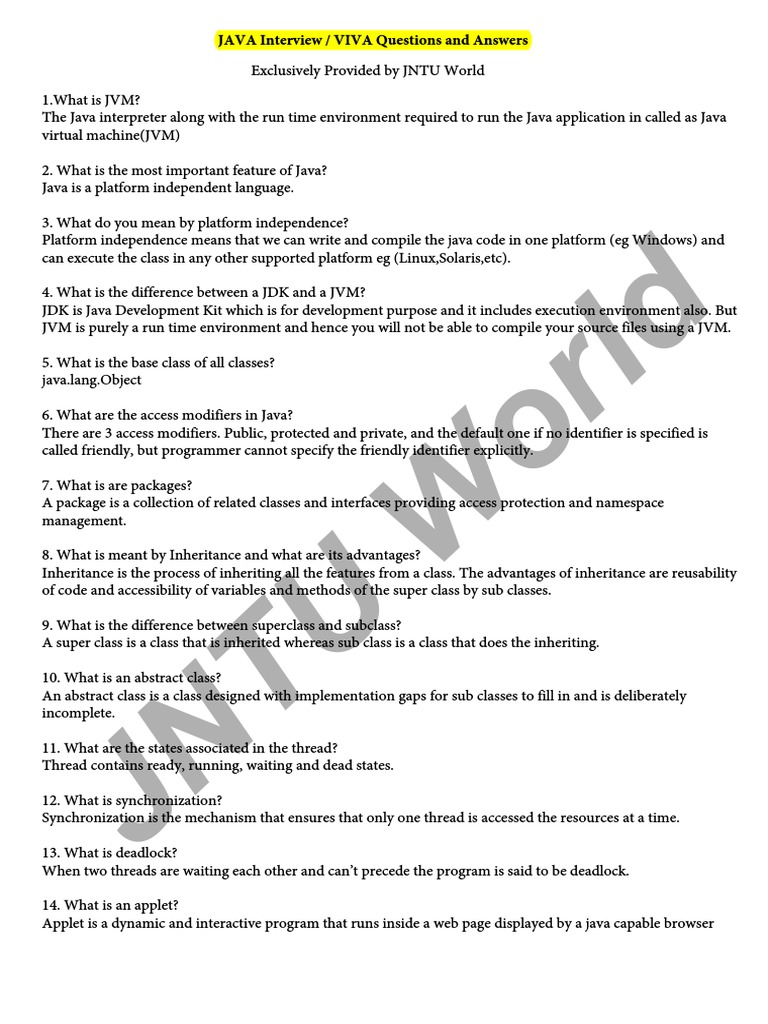 Jntu World Java Interview Viva Questions And Answers Pdf Inheritance Object Oriented
