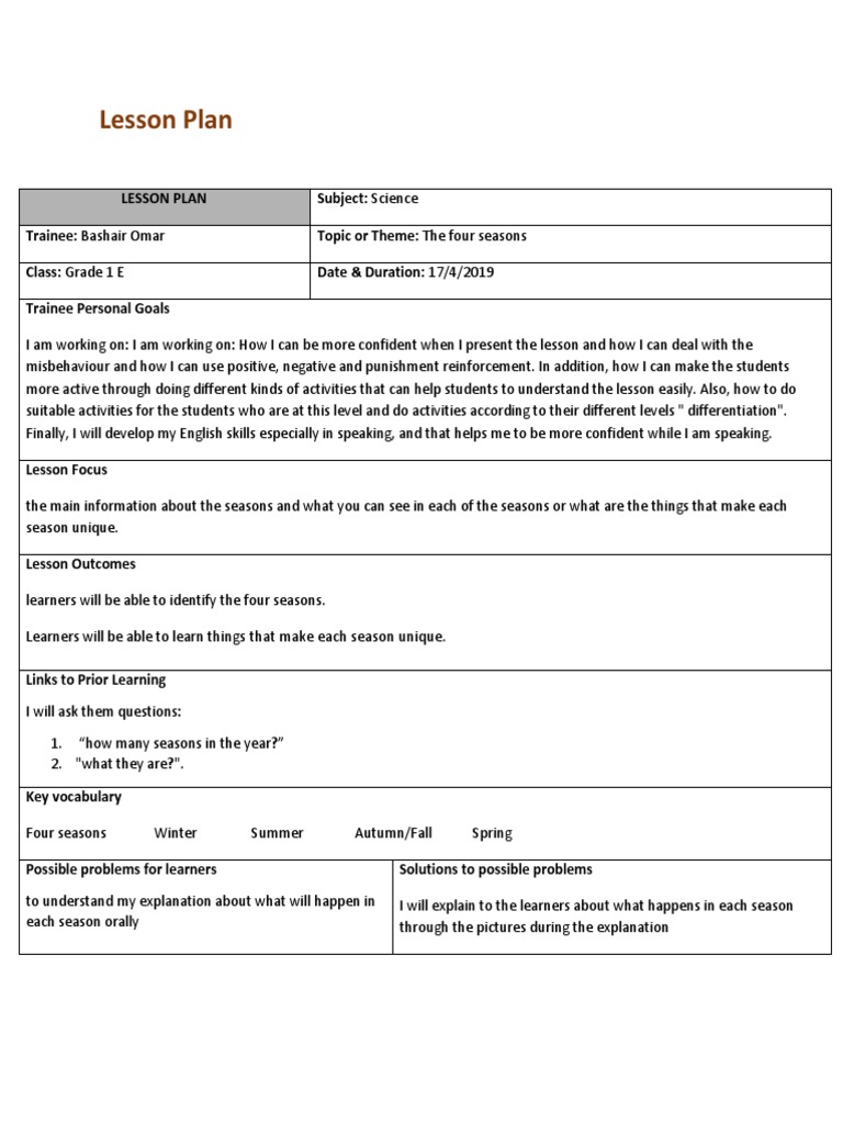 Kindergarten Lesson Plan: Four Seasons | PDF | Lesson Plan | Change