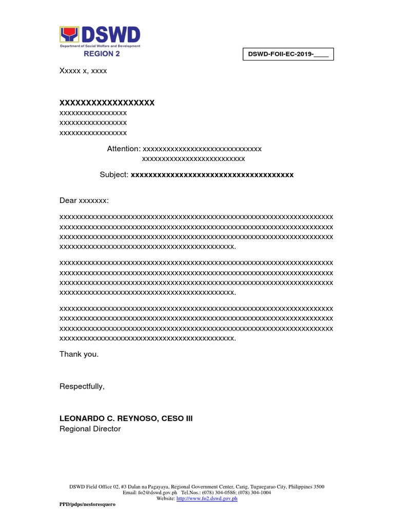 Sample Template of Business Letter of DSWD FO 2 | PDF
