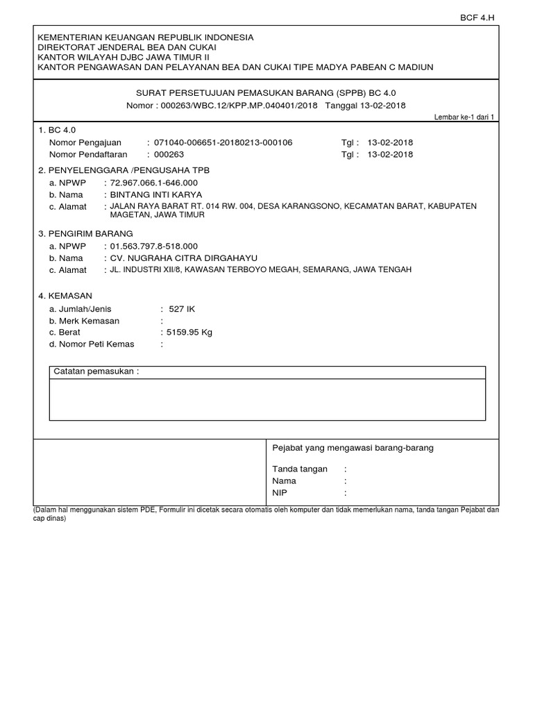 Surat Persetujuan Pemasukan Barang | PDF