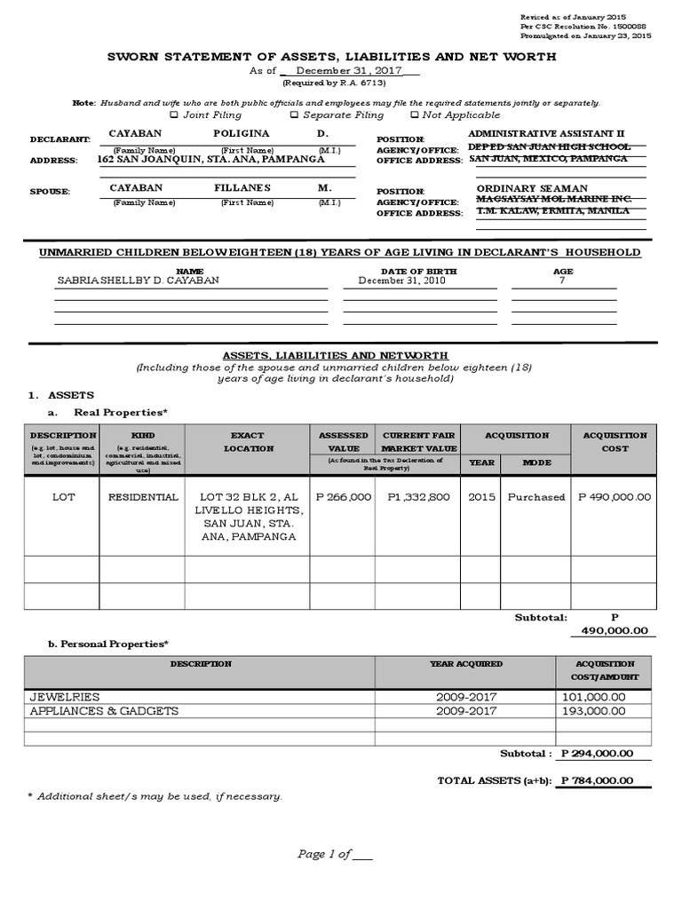2017 SALN Form | PDF | Identity Document | Government