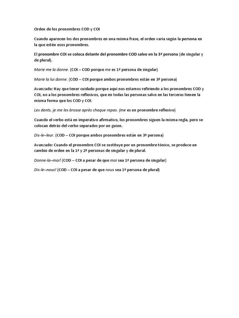 Orden de Los Pronombres COD y COI | PDF