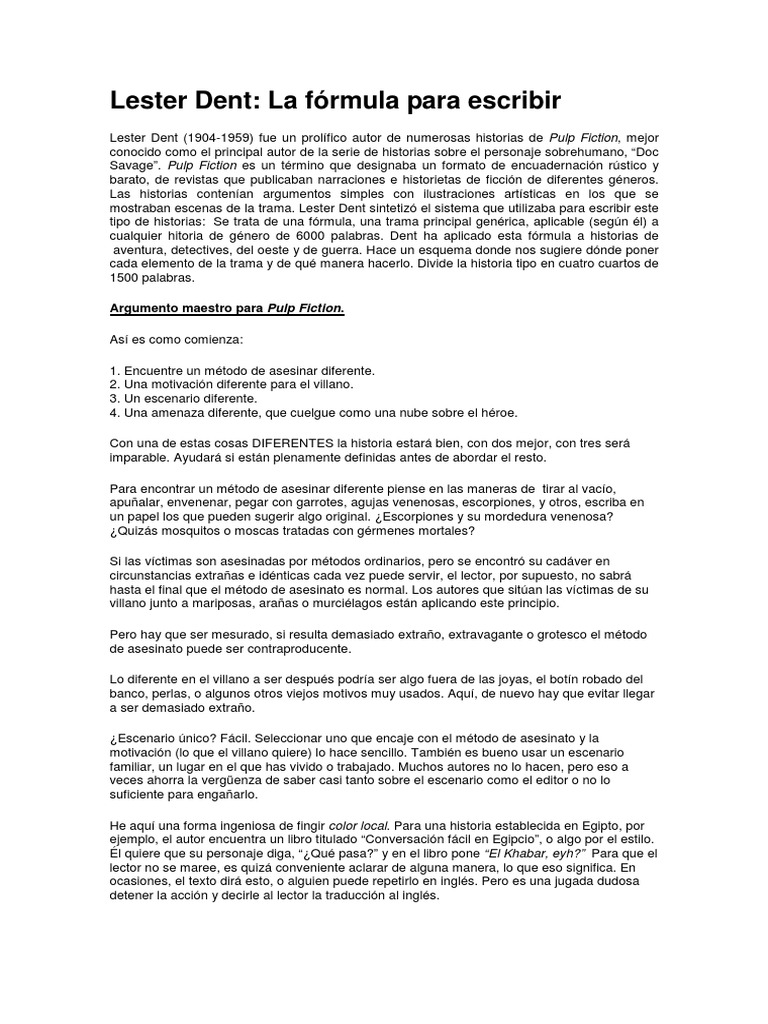La Fórmula para Escribir Lester Dent | PDF | Pulp Magazine