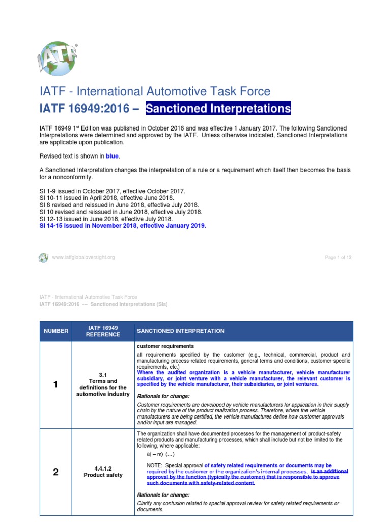 IATF 16949 SIs - Oct 2018 - 12nov2018 PDF | PDF | Iso 9000 | Audit