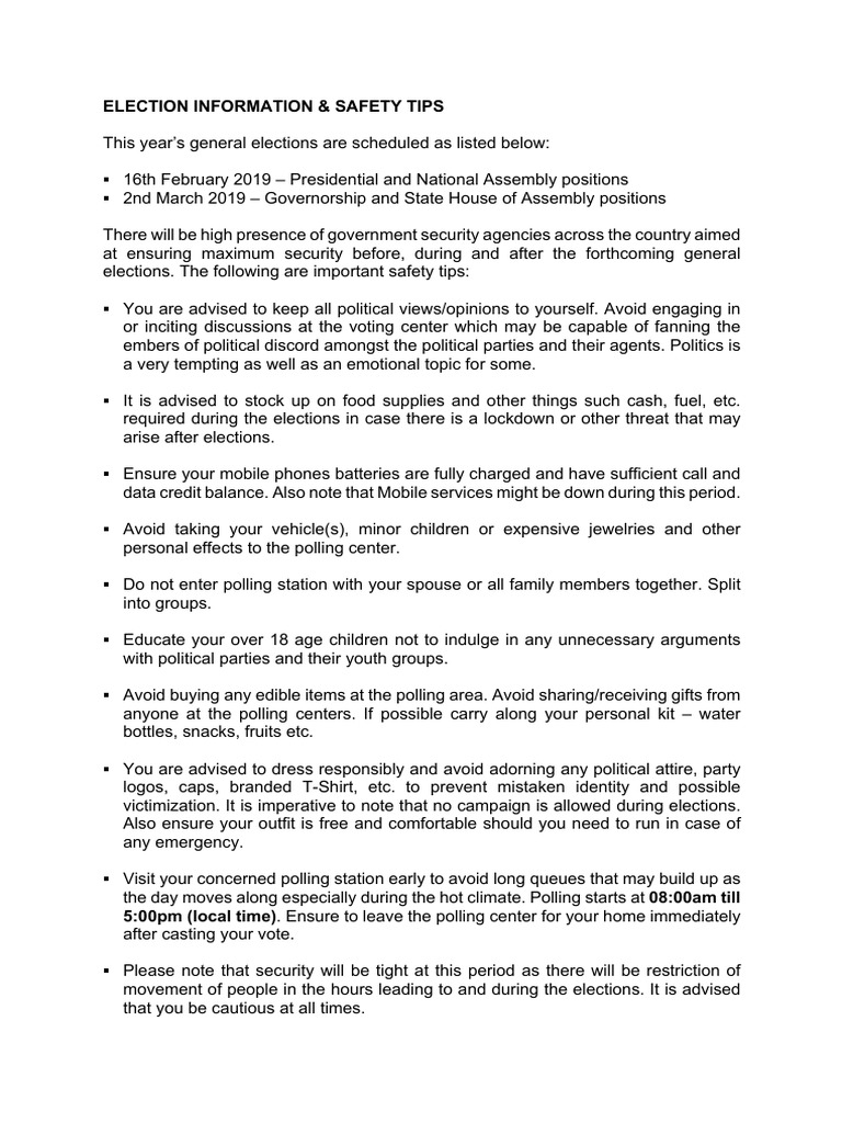 Election Safety Tips and Guidelines | PDF | Business