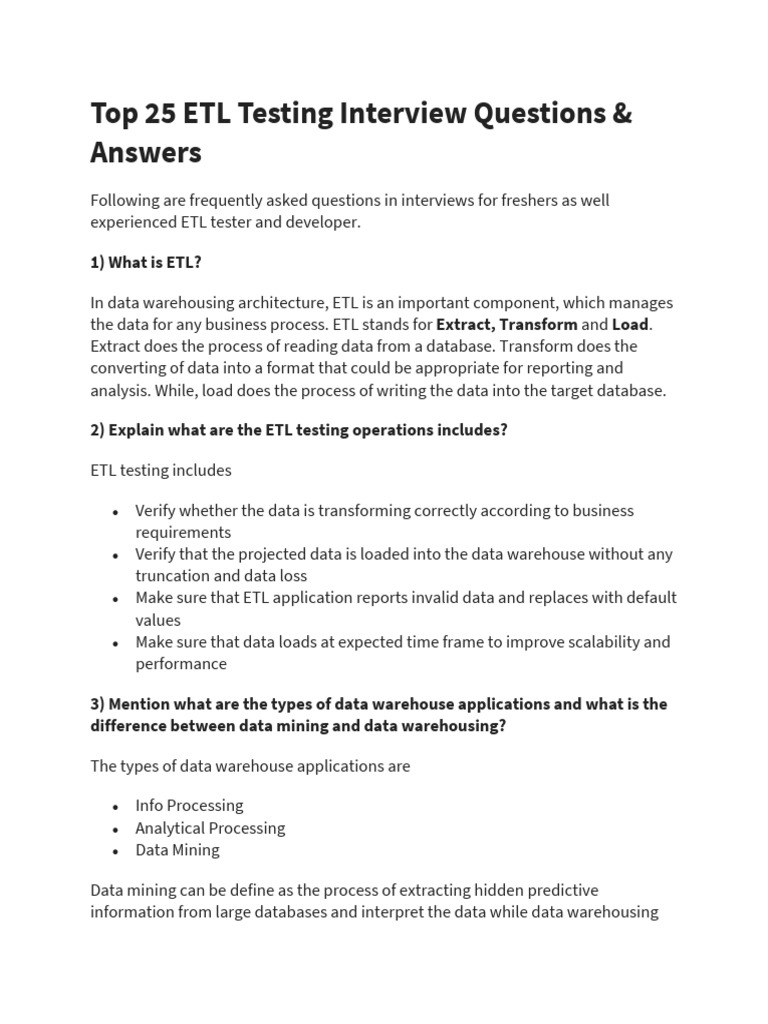 Top 25 ETL Testing Interview Questions & Answers: 1) What Is ETL ...