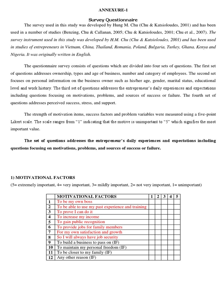 Entrepreneurship Survey Questionnaire | PDF | Entrepreneurship | Business