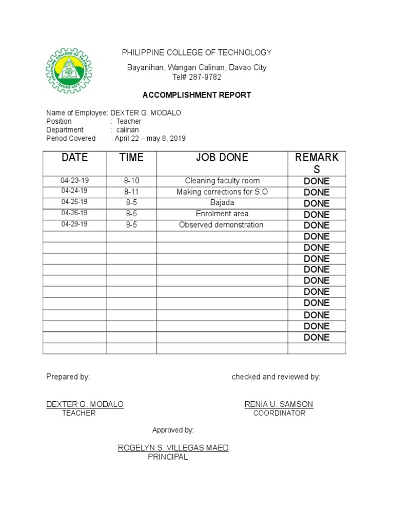 Date Time Job Done Remark S: Accomplishment Report | PDF