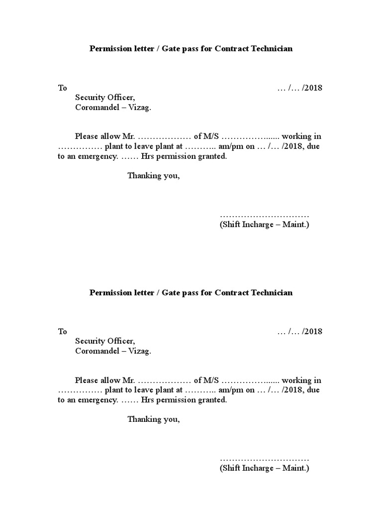 Permission Letter / Gate Pass For Contract Technician | PDF