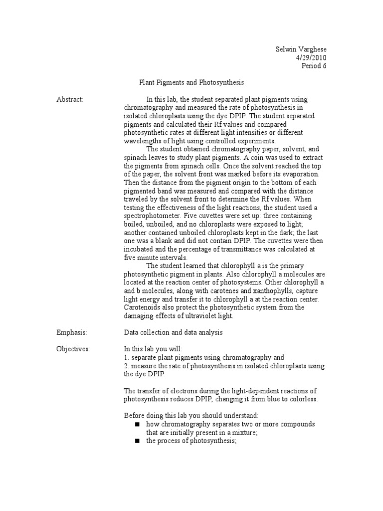 AP Lab 4 Photosynthesis | PDF | Photosynthesis | Chlorophyll