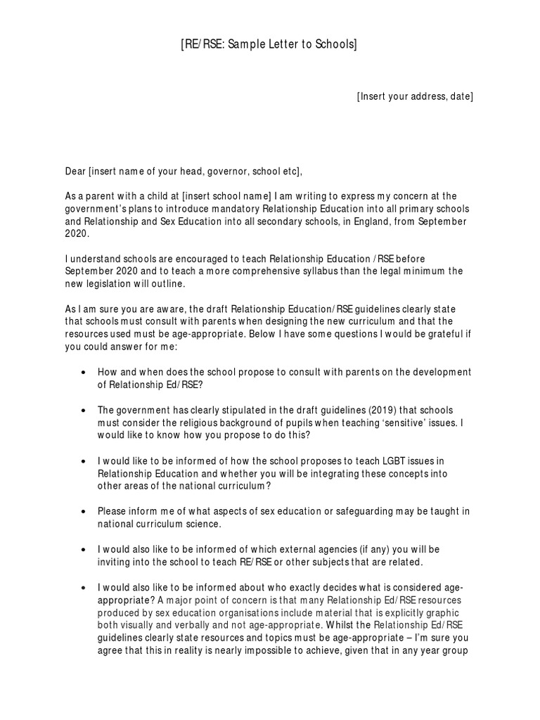 Sample Letter To Schools Eng | PDF | Sex Education | Behavior Modification