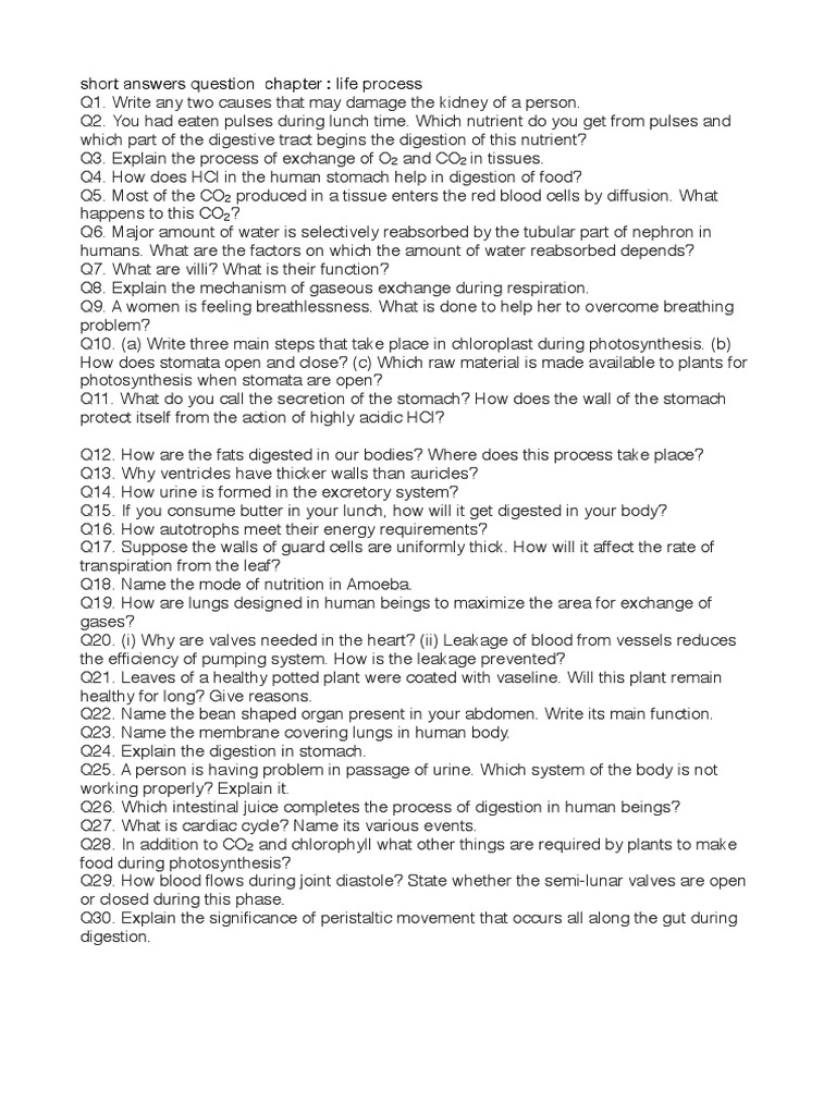 Short Answers Question Chapter: Life Process | PDF | Digestion | Heart