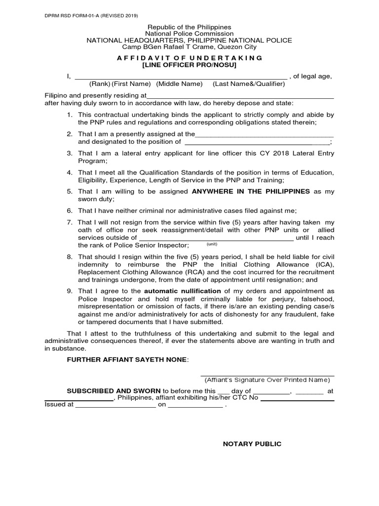 Affidavit of Undertaking (Line Officer Pro/Nosu) : DPRM RSD Form-01-A ...