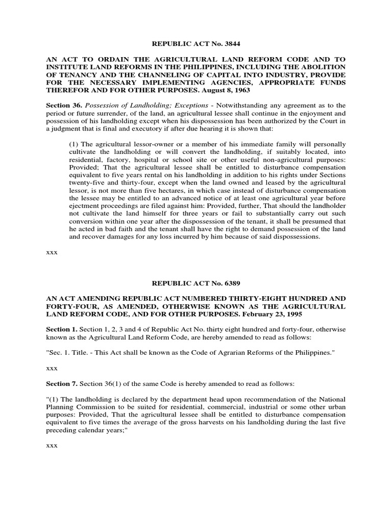 RA 3844 - Land Reform Act Excerpt | PDF | Lease | Leasehold Estate