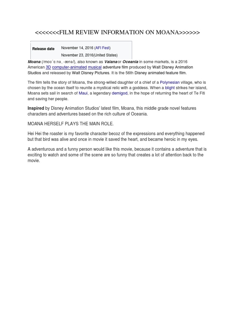 Film Review Information On Moana | PDF | Moana (2016 Film) | Animation