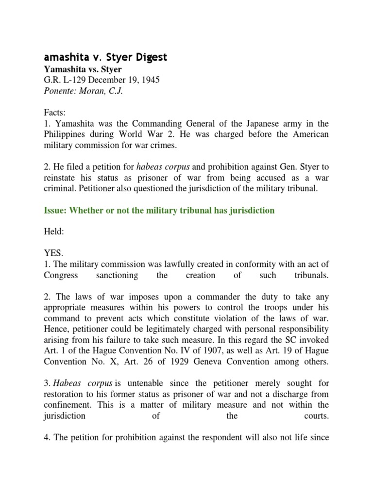 Yamashita Vs Styer - Docx CD 2 | PDF | Law