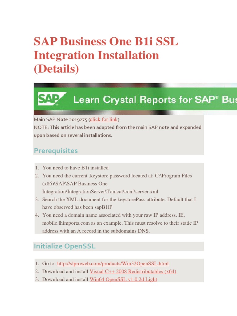 Sap Business One B1i Ssl Integration Installation Pdf Public Key Certificate System Software