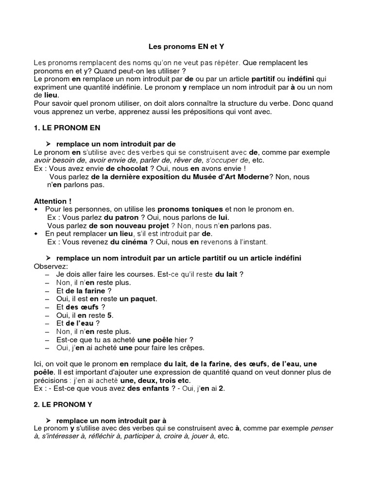 Les pronoms EN et Y en français | PDF | Pronom | Verbe