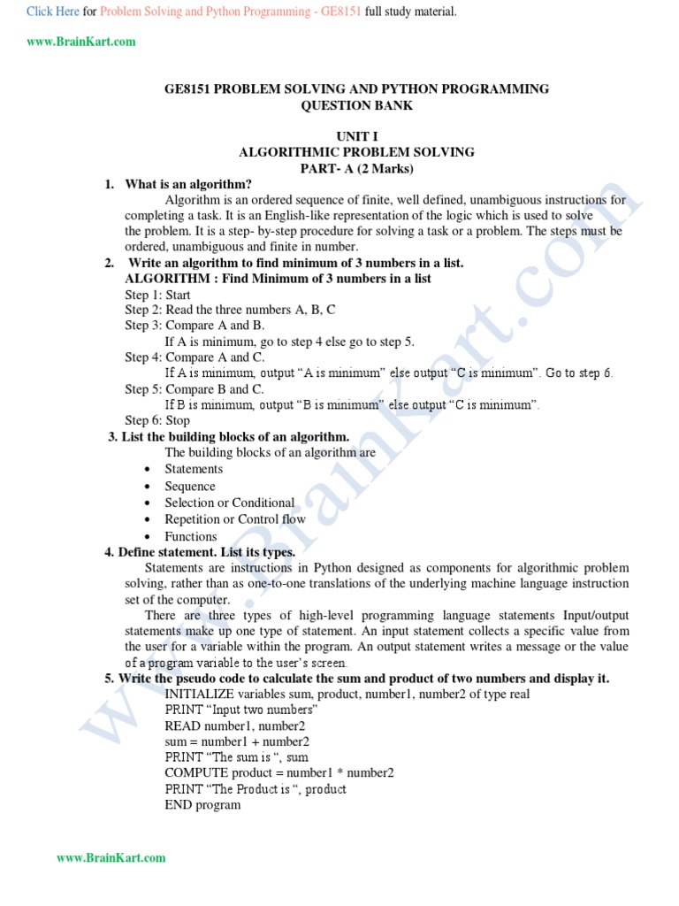 265 - GE8151 Problem Solving and Python Programming - 2 Marks With ... 265 - GE8151 Problem Solving and Python Programming - 2 Marks With ...