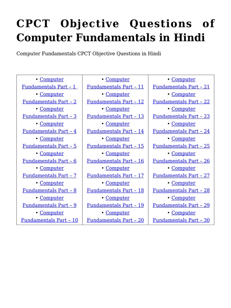 CPCT Computer Fundamentals MCQs in Hindi | PDF | Computers
