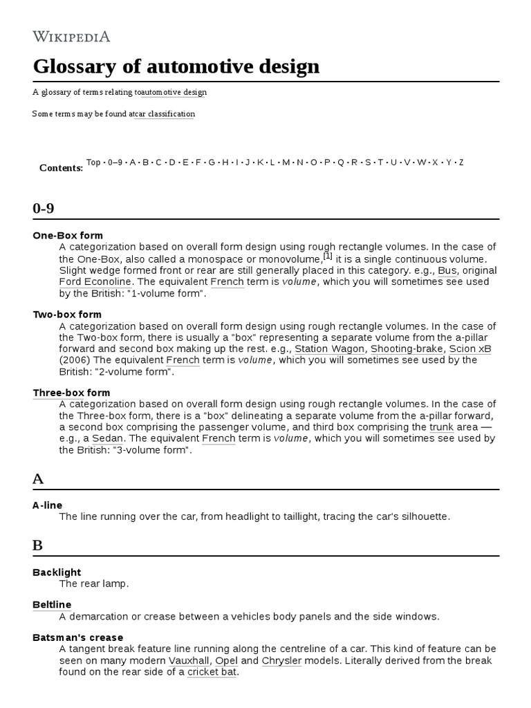 Automotive Design Deep Glossary | PDF | Trunk (Car) | Sedan (Automobile)