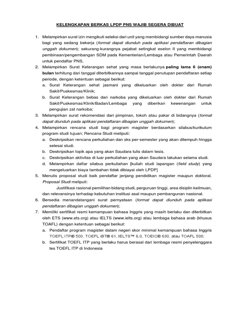 Kelengkapan Berkas LPDP PNS Wajib Segera Dibuat | PDF
