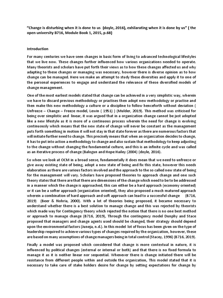 Change Management Essay | PDF | Leadership | Goal