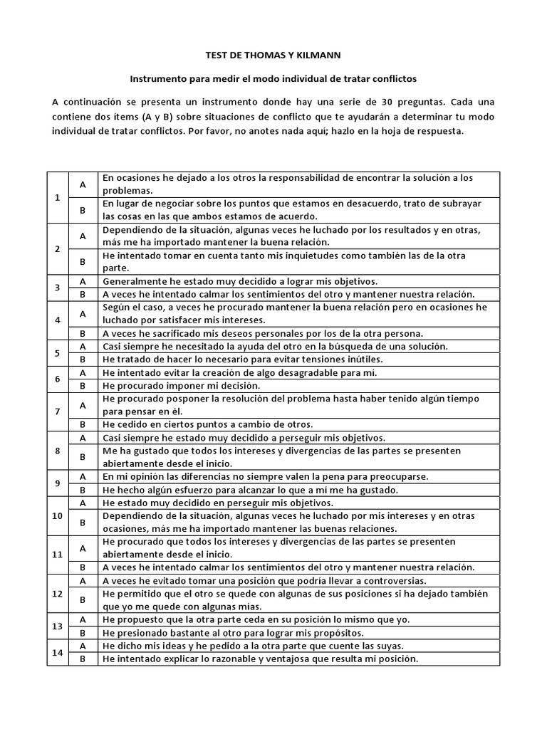 Test Thomas Kilmann conflicto | PDF | Negociación | Cooperación