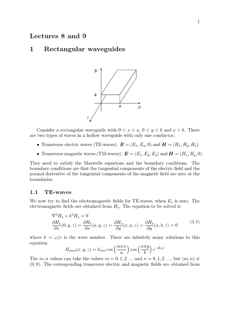 Lectures 8 and 9 1 Rectangular Waveguides: 1.1 TE-waves | PDF | Waveguide | Electromagnetic Field