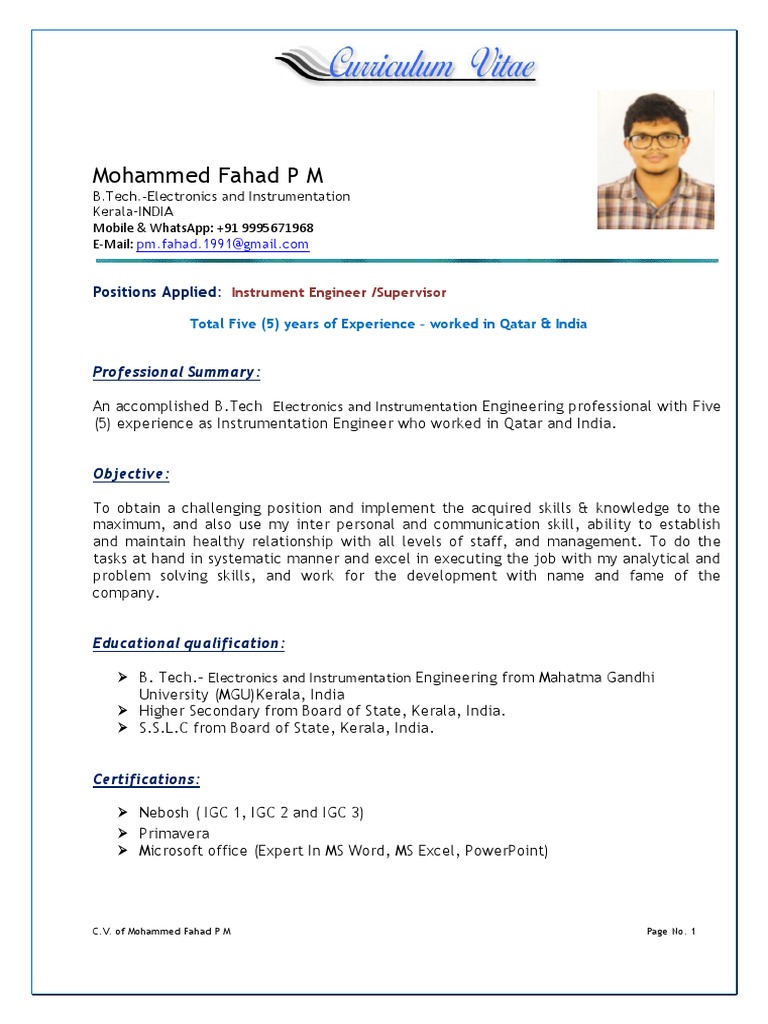 CV Fahad | PDF | Instrumentation | Engineering