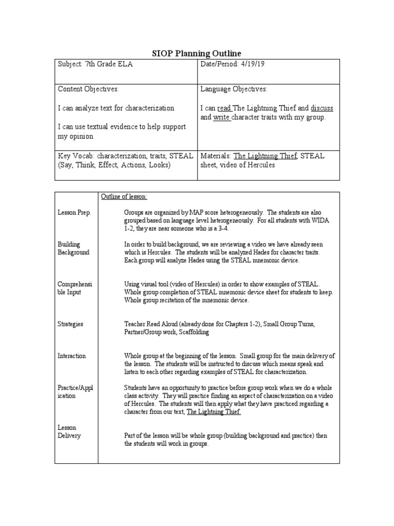 Goldberg Siop Planning Outline | PDF | Reading (Process) | Educational ...