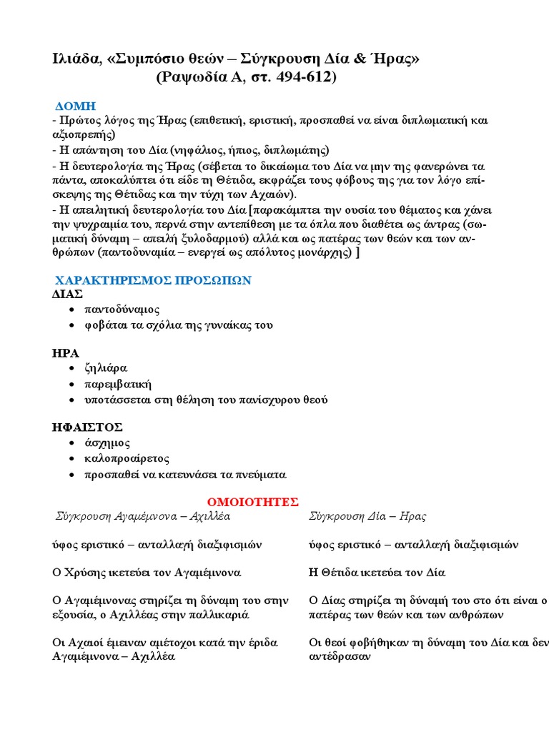 ΙΛΙΑΔΑ ΡΑΨΩΔΙΑ Α ΣΤΙΧΟΙ 494-612 | PDF
