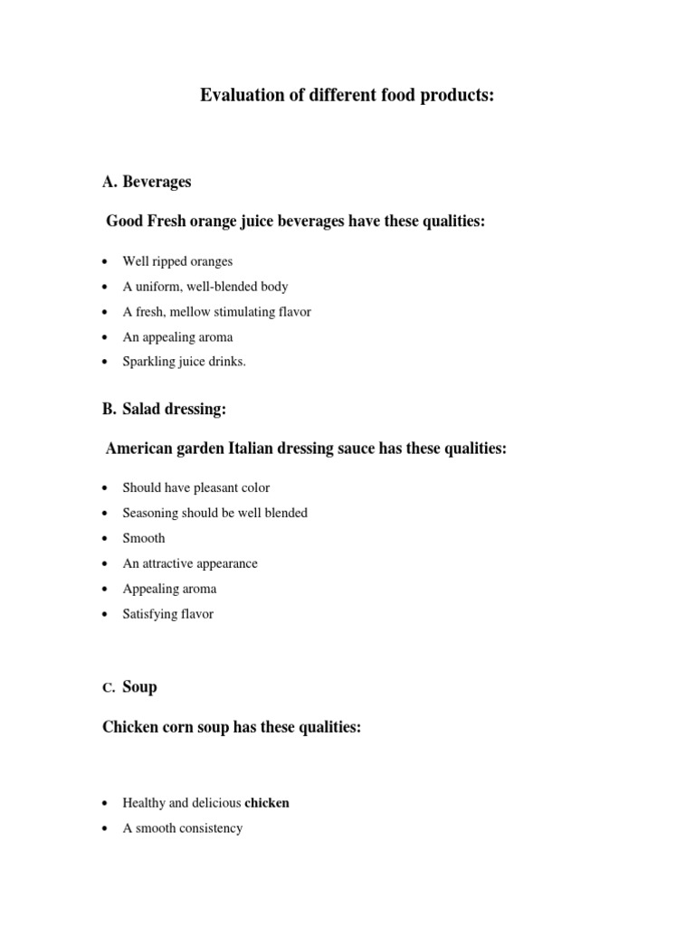 Evaluation of Different Food Products | PDF | Cooking, Food & Wine ...