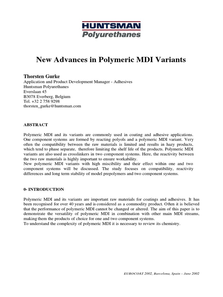Paper New Advances in Polymeric Mdi Variants | PDF | Polyurethane ...