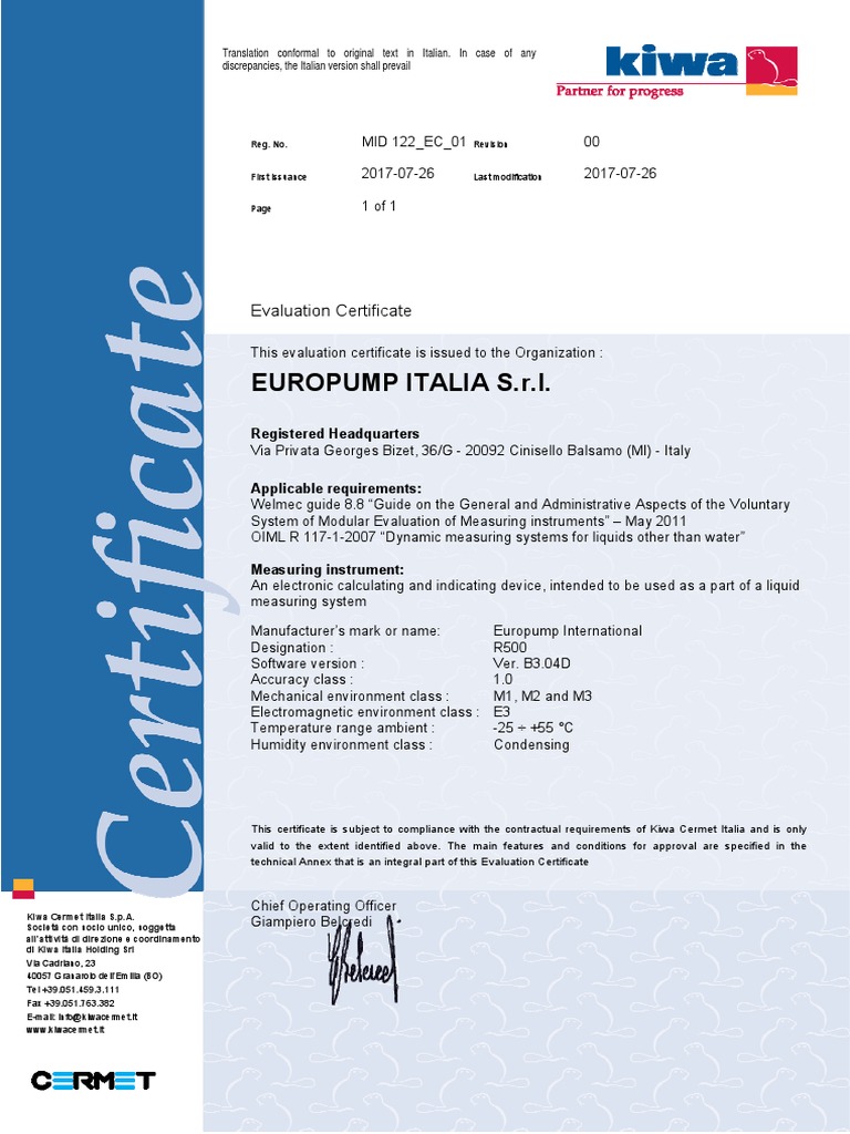 Evaluation Certificate - MID - 122 - EC - 01 - Rev00 - ENG PDF | PDF | Calibration | Printer ...